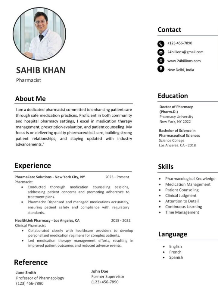 Pharmacist CV Template For USA Download - Easy to Edit