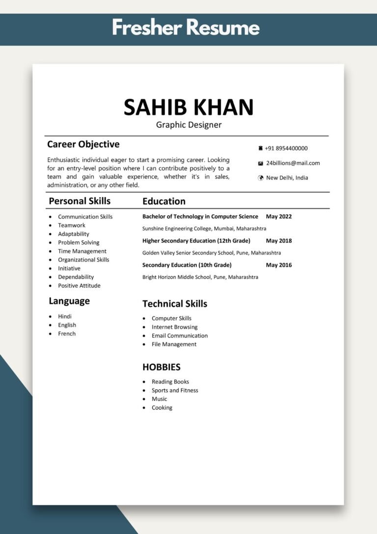 Freshers Resume Format Pdf and Word File