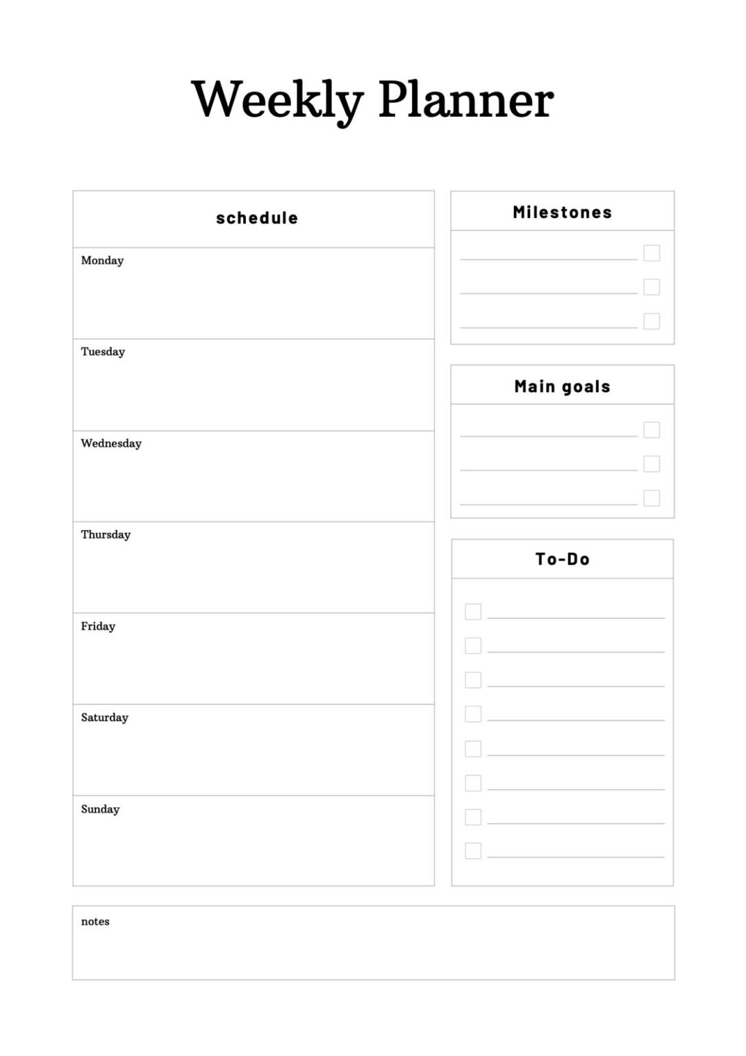 Black & White Blank Weekly Planner Template – Printable PDF with ...