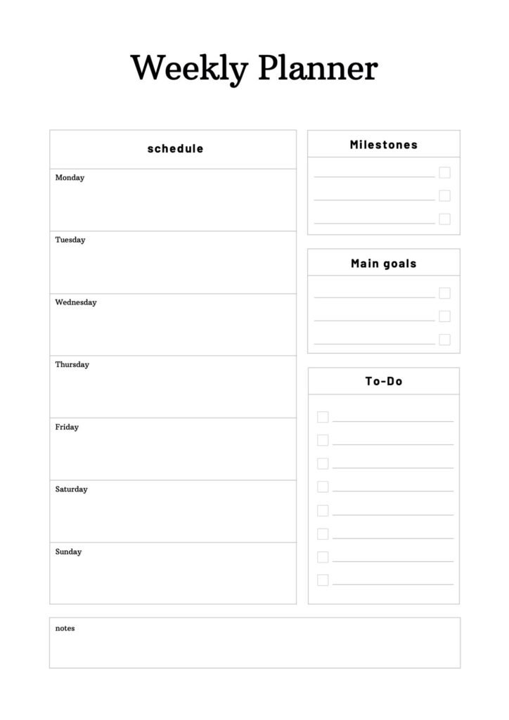 Black & White Blank Weekly Planner Template – Printable PDF with ...