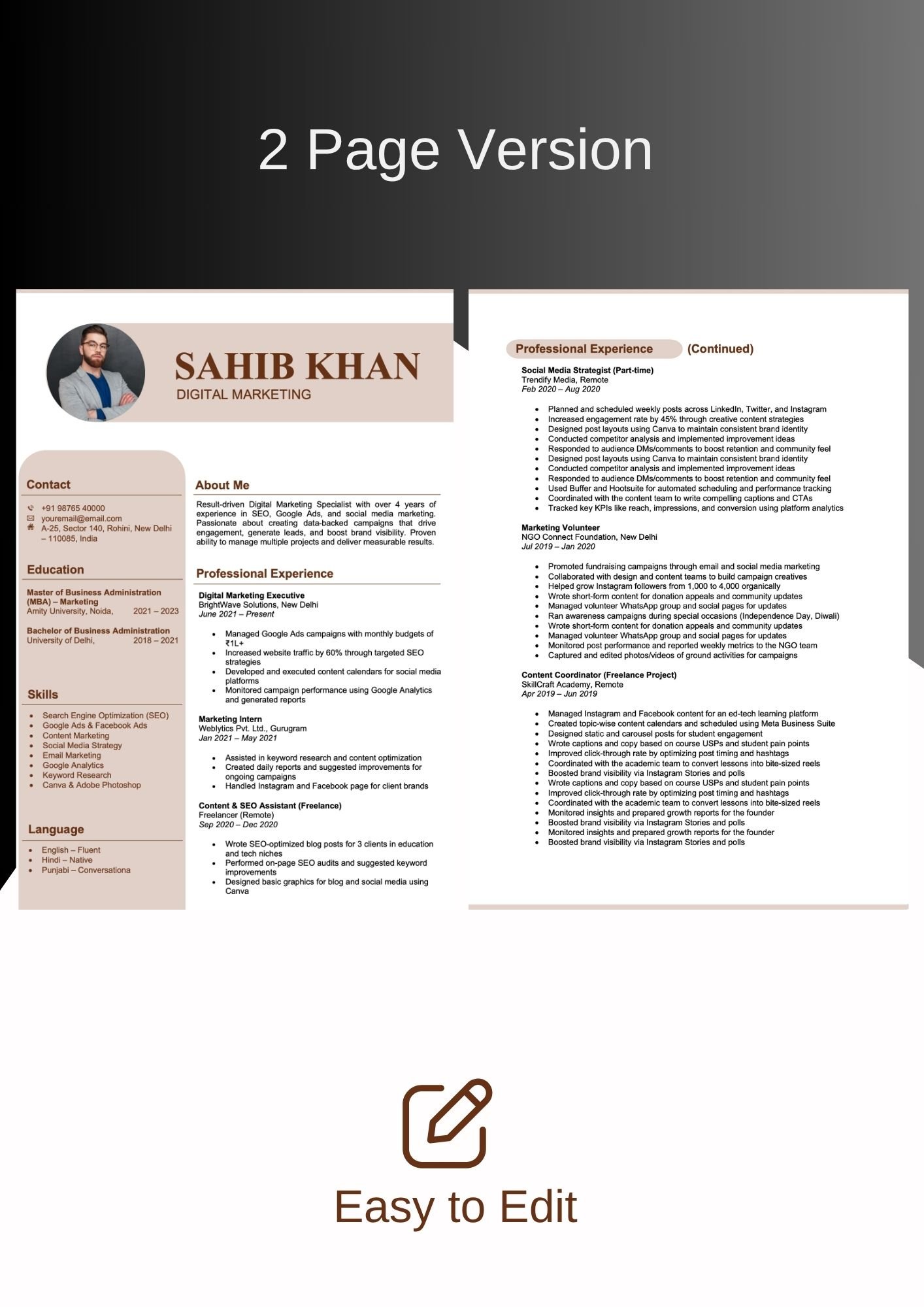 Modern Resume Template 3 page – Coffee Brown & Warm Beige Colors ...