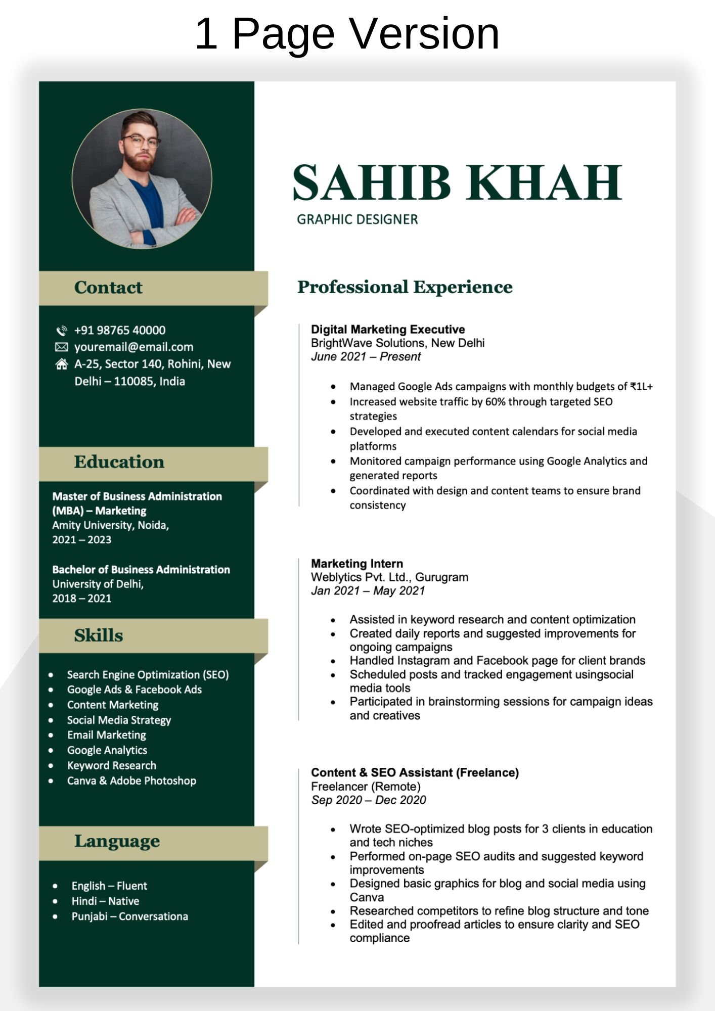 Modern Resume Template Download in Word – Elegant Design in Dark Green ...