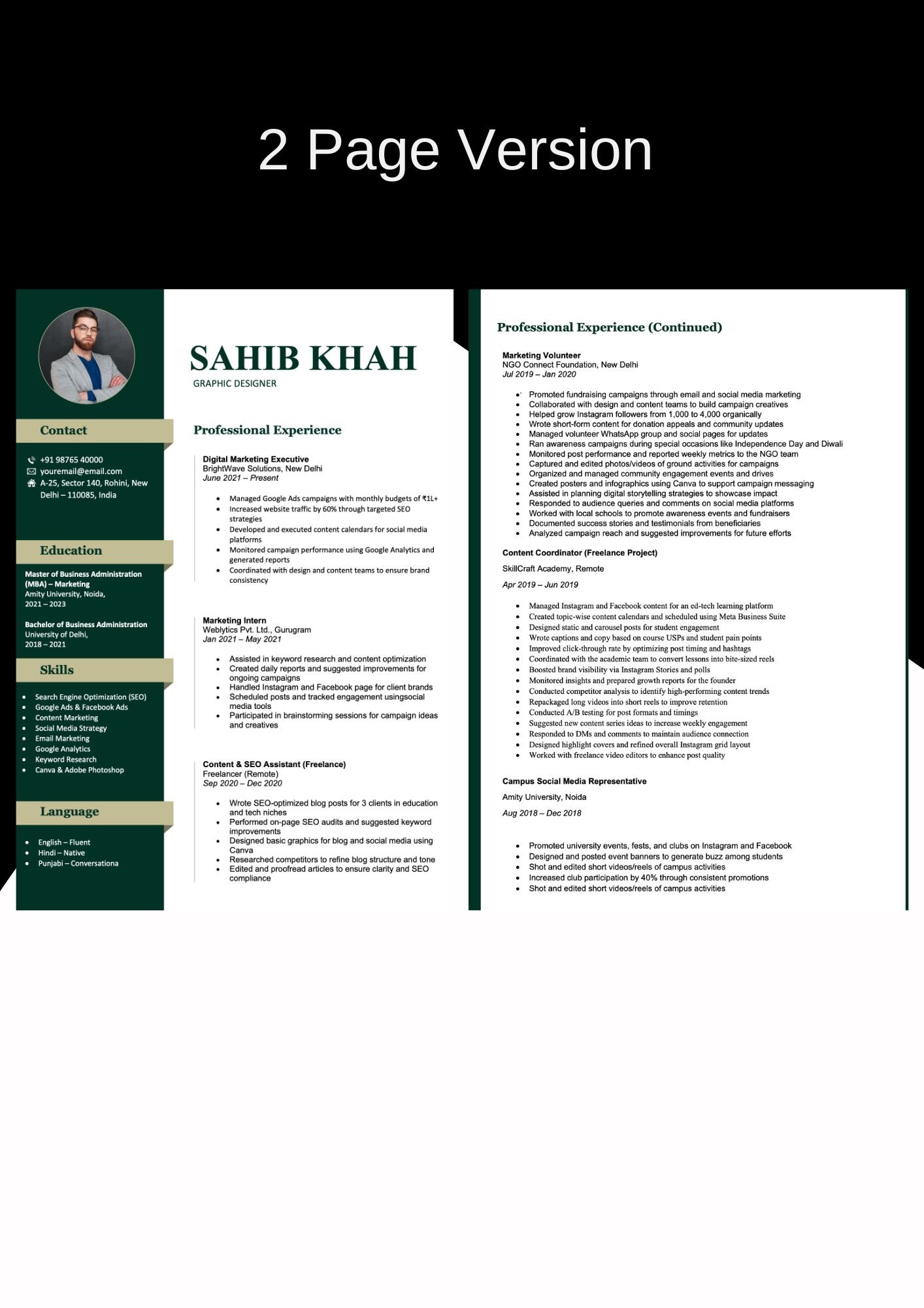 Modern Resume Template Download in Word – Elegant Design in Dark Green ...