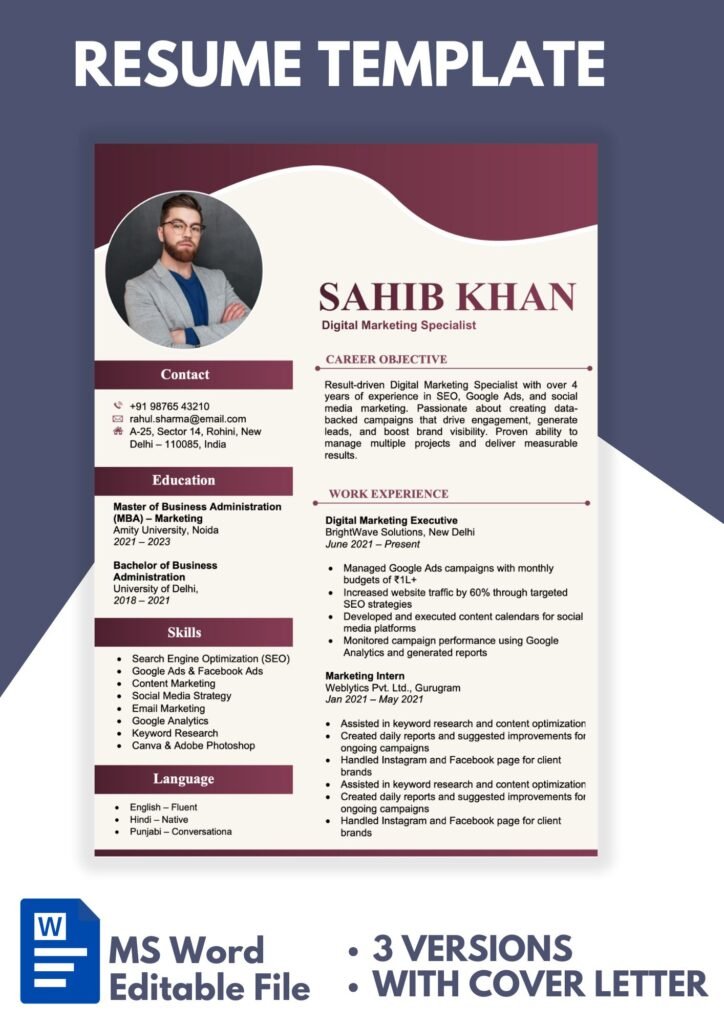 Resume Template Ms Word with Cover Letter, 3 Pages Resume Template in ...