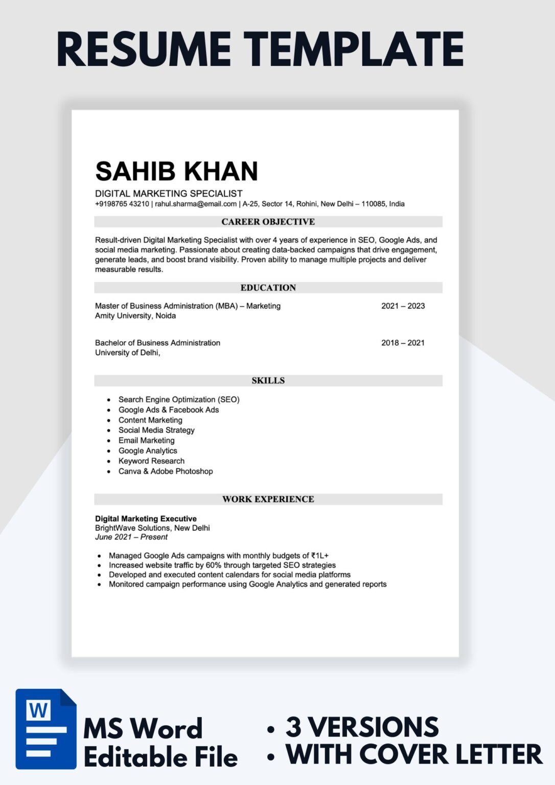 Resume Template Ms Word with Cover Letter, 3 Pages Resume Template in ...