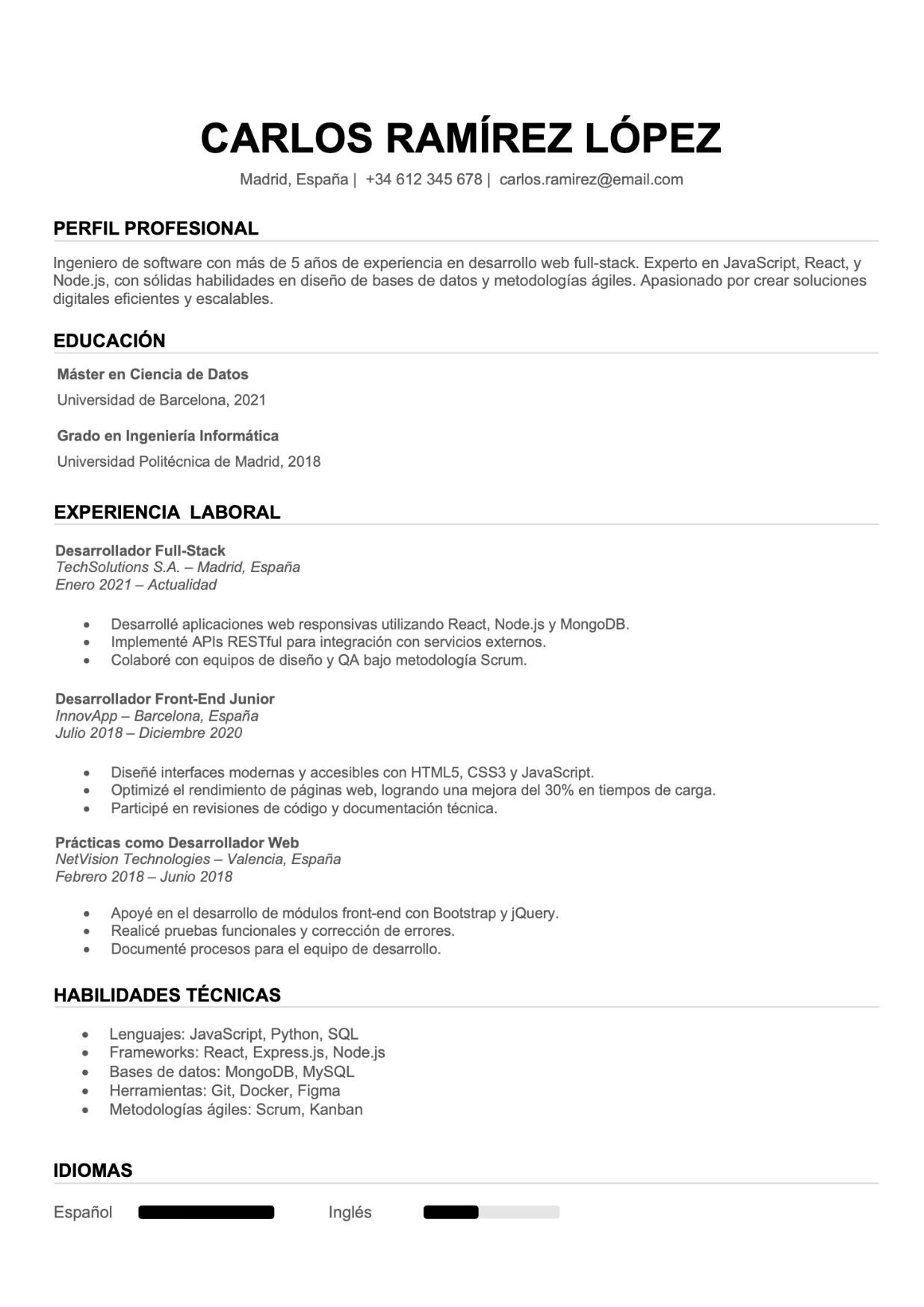 Curriculum Vitae Plantilla con Diseño Moderno – Ejemplo Editable en Word