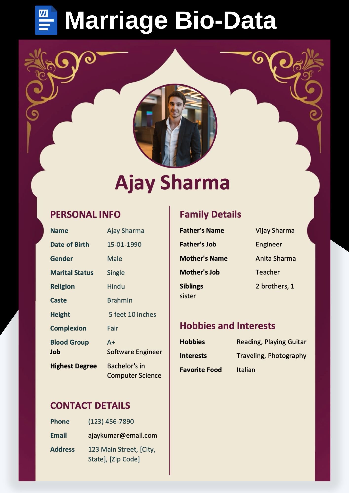 Hindu Marriage Biodata Format in Word – Professional Templates Download